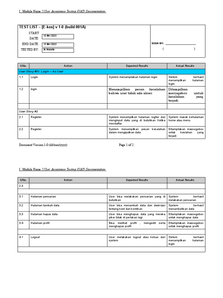 Dokumen UAT untuk Aplikasi E-kos | PDF