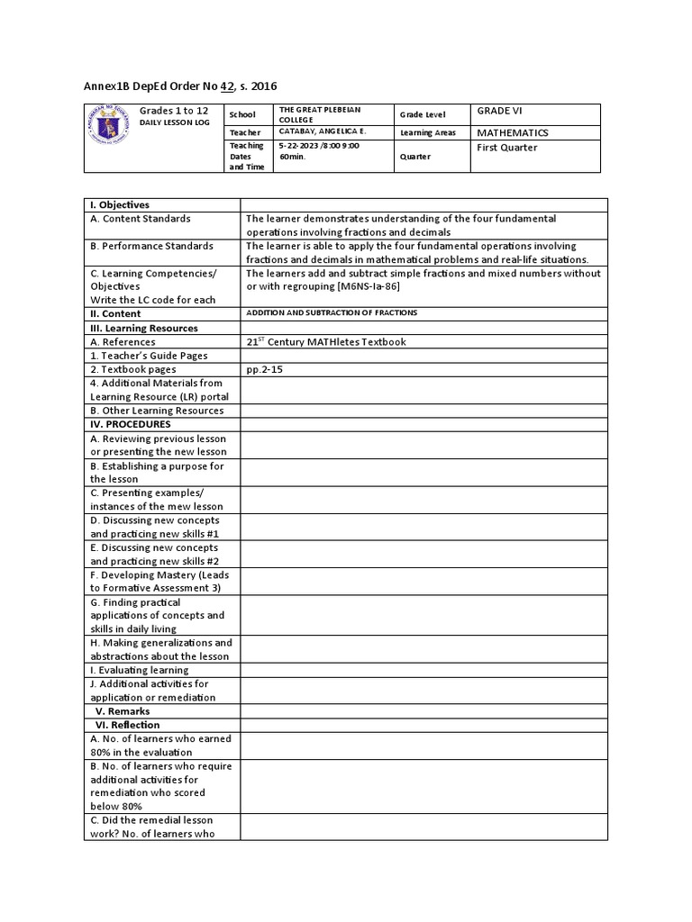 2 DLP Template Eng Annex1B DepEd Order No42s.2016 | PDF | Learning ...