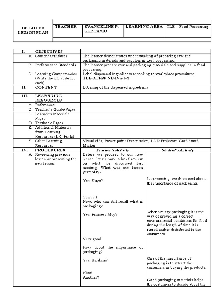 Food Labeling Lesson Plan for TLE | PDF