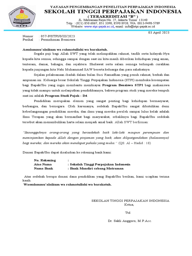 Permohonan Donasi Beasiswa STPI | PDF