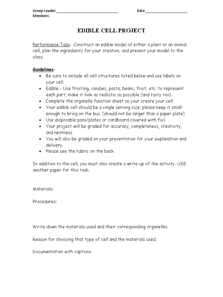 Edible Cell ModelProject - and - Rubric | PDF | Cell (Biology)