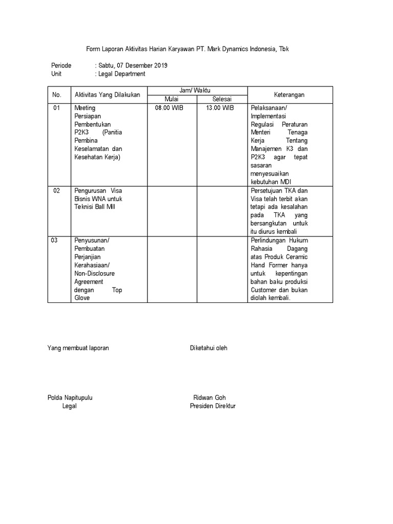 Form Laporan Aktivitas Harian Karyawan P1 | PDF