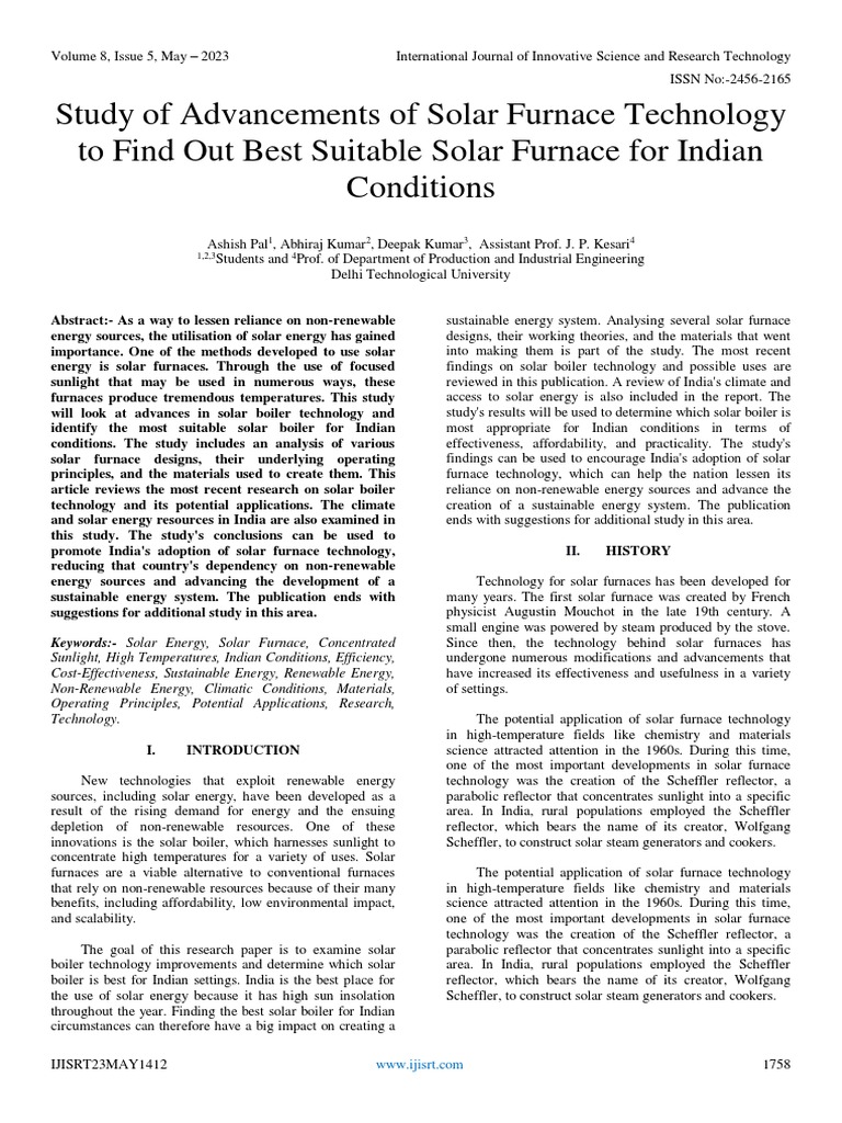 Study of Advancements of Solar Furnace Technology To Find Out Best ...