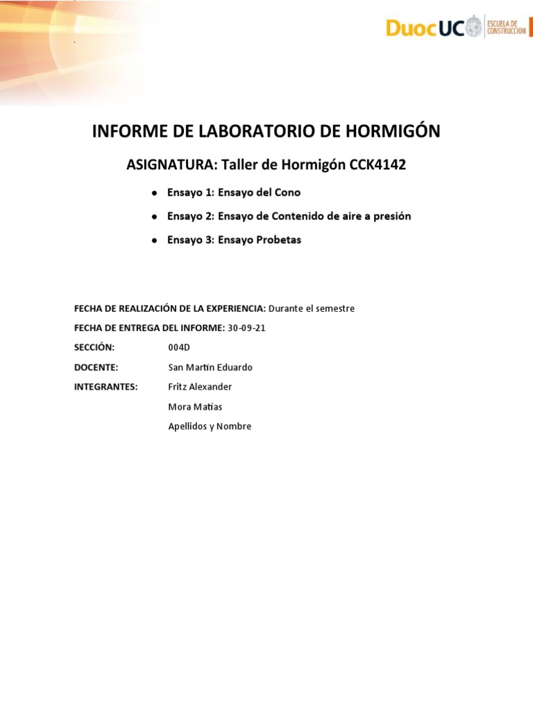 Informe 1 Taller Hormigon. | PDF | Hormigón | Densidad