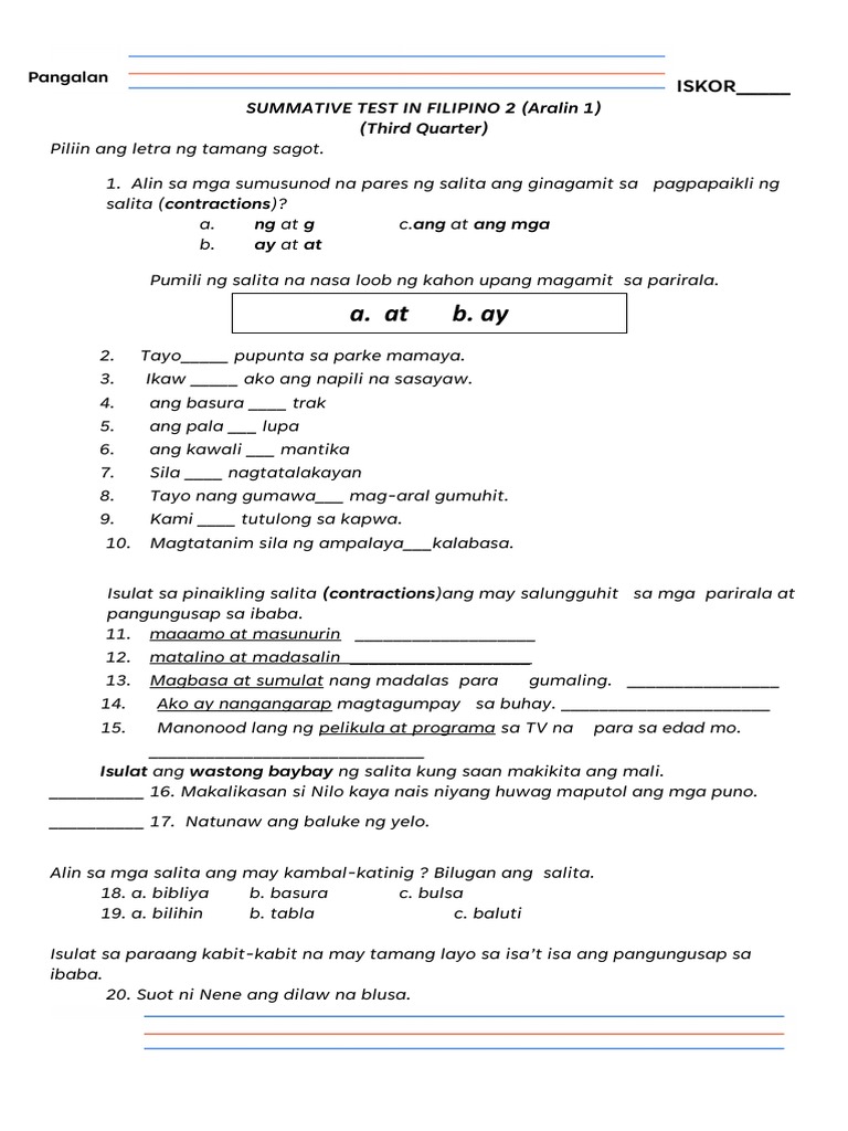 Summative Test Filipino Aralin 1 8 | PDF