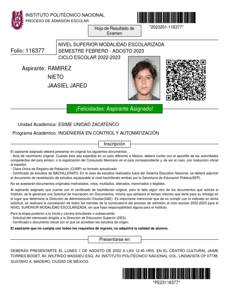 Folio: 116377: Aspirante: RAMIREZ Nieto Jaasiel Jared | PDF