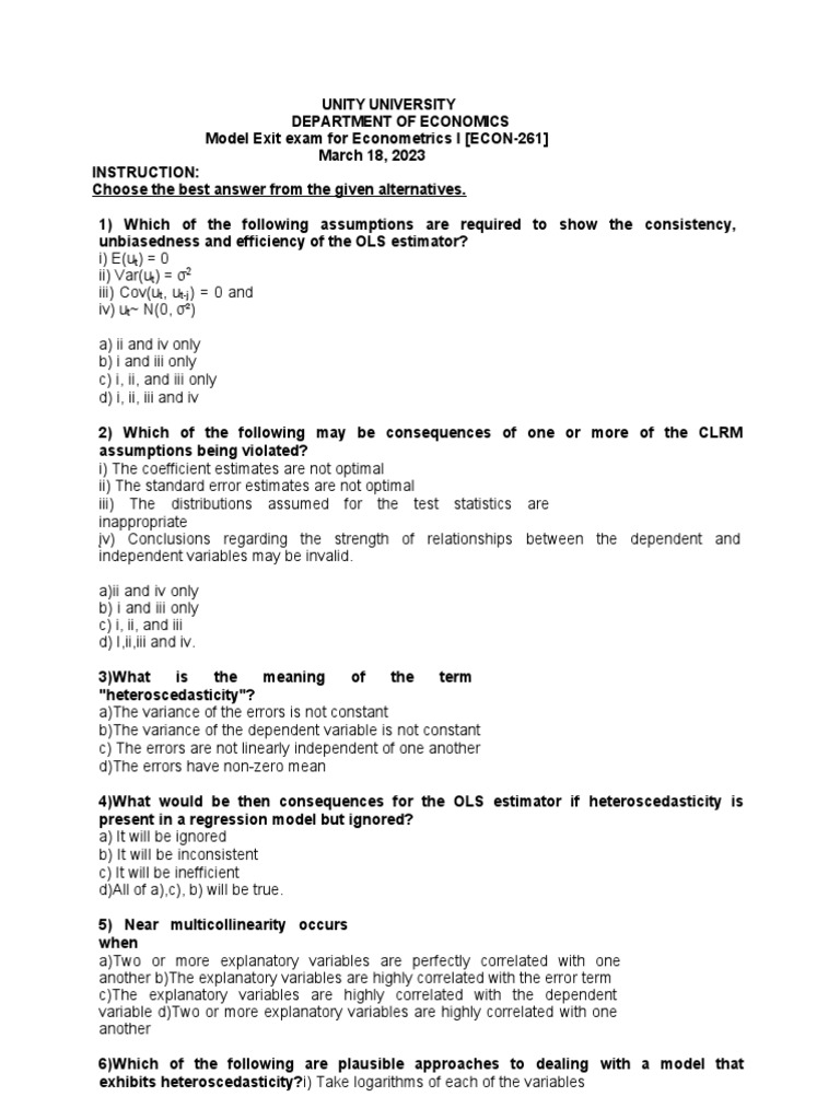 Econometrics Exit Exam Samples | PDF