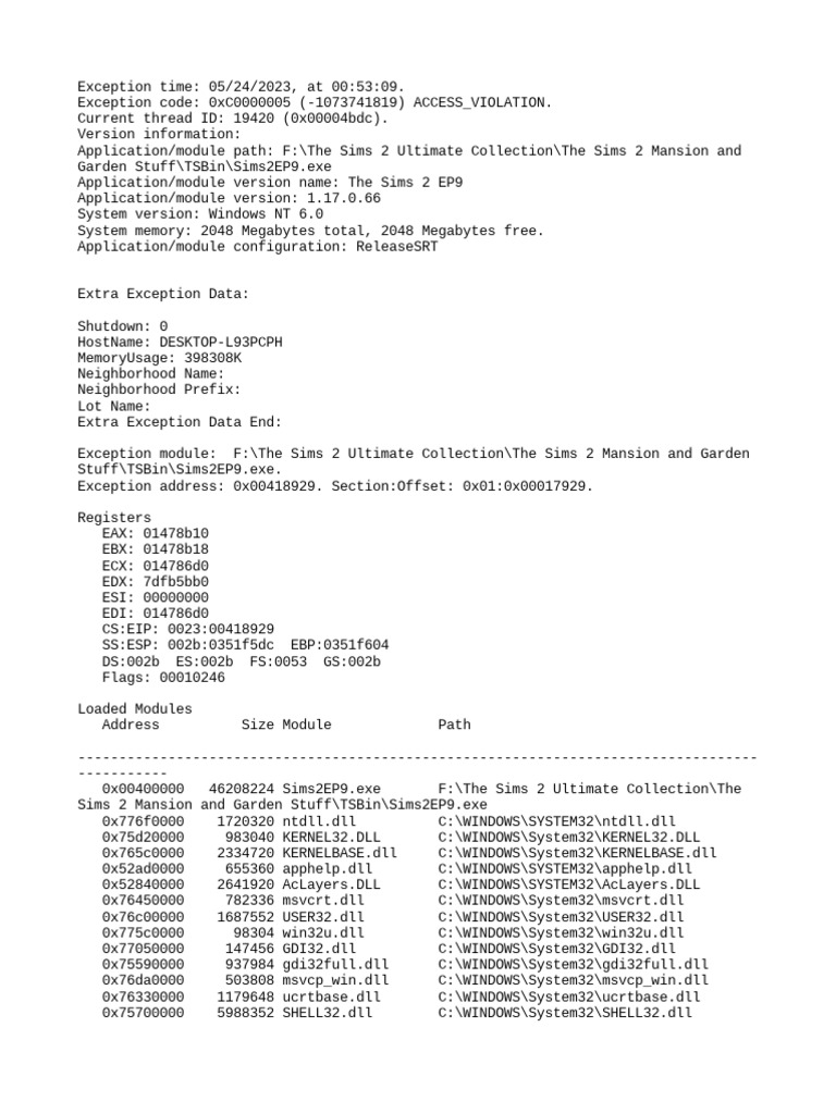 Sims2Exception 2023.05.24 00.53.07 | PDF | Operating System Technology | Computer Science