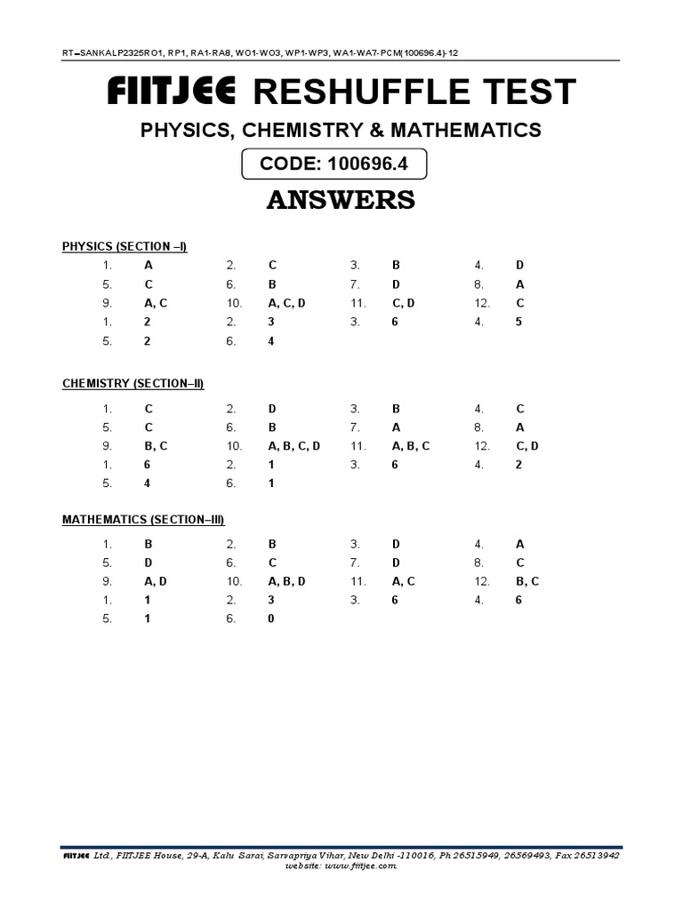 Fiitjee: Reshuffle Test | PDF | Science & Mathematics