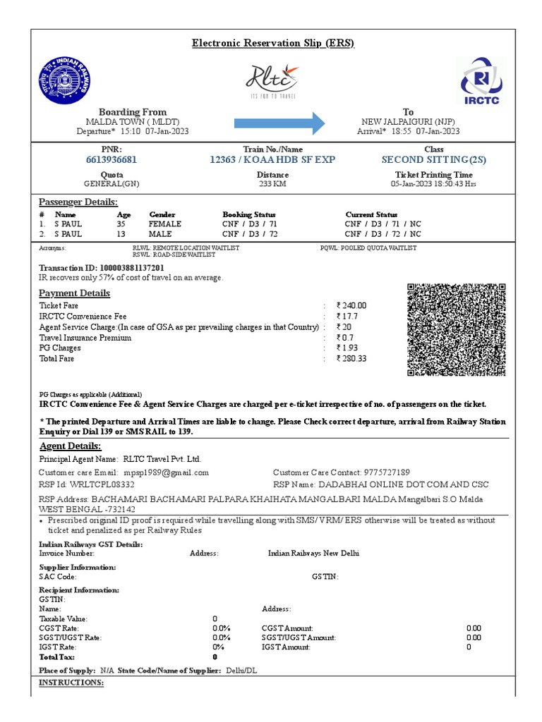Electronic Reservation Slip (ERS) : 6613936681 12363 / Koaa HDB SF Exp ...