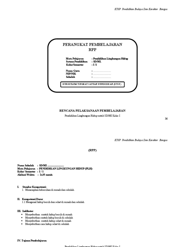 RPP PLH Kelas 1 | PDF