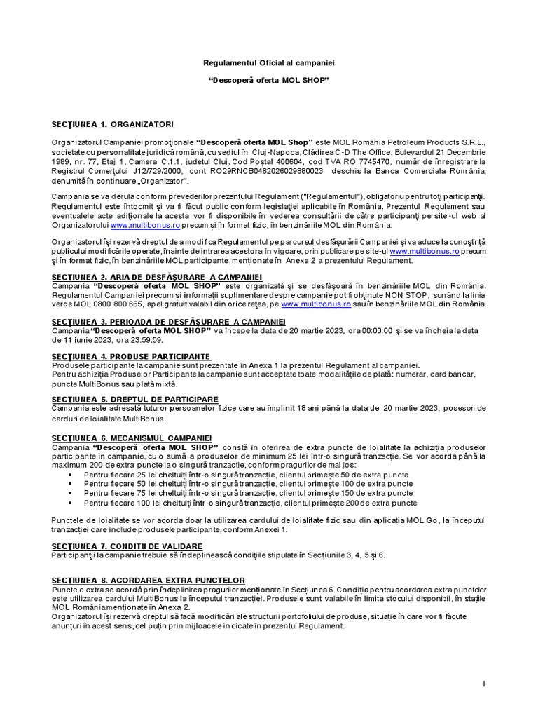 Regulament Oficial Campanie MOL Shop v2 | PDF