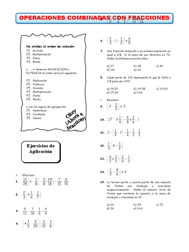 Problemas de Fracciones y Operaciones Combinadas | PDF | Multiplicación | Matemáticas
