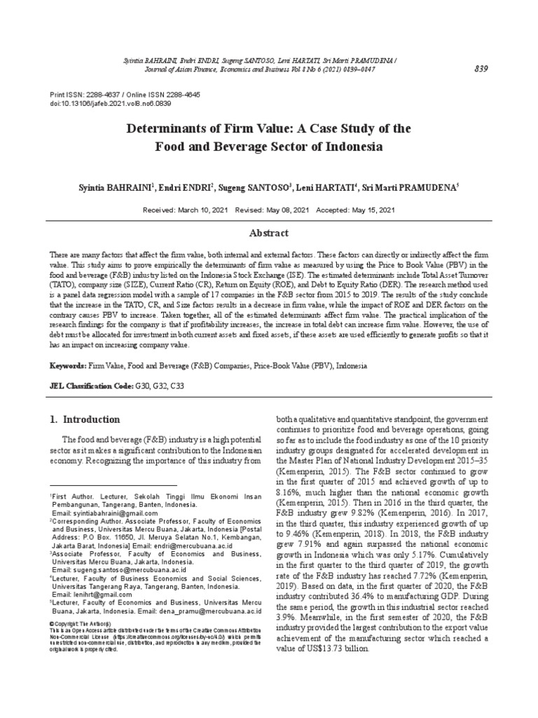 Determinants of Firm Value - A Case Study of The Food and Beverage ...