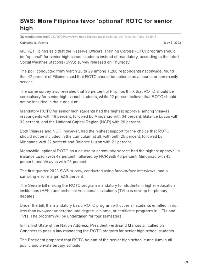 SWS More Filipinos Favor Optional ROTC For Senior High | PDF