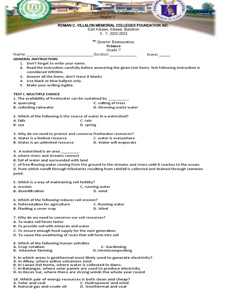Science 7 4th Quarter Ex | PDF | Soil | Energy Development