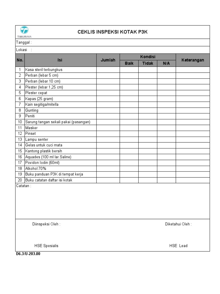 D6.3-U-203 Ceklis Inspeksi Kotak P3K | PDF