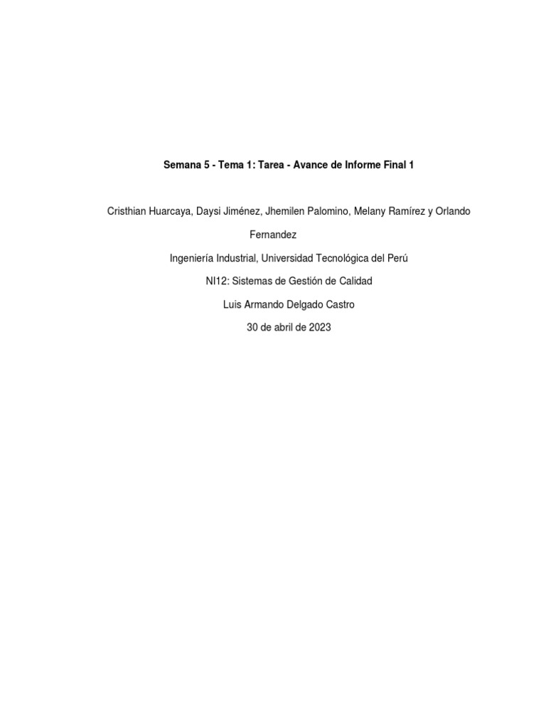 Semana 5 - Tema 1 Tarea - Avance de Informe Final 1 | PDF | Calidad ... Semana 5 - Tema 1 Tarea - Avance de Informe Final 1 | PDF | Calidad ...