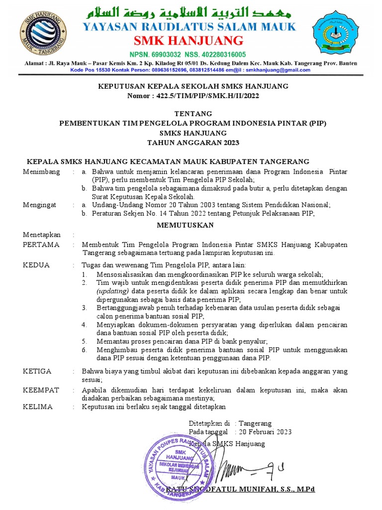 SK Pembentukan Tim PIP SMKS Hanjuang | PDF | Bisnis
