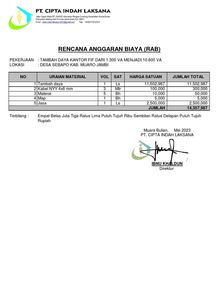 RAB Tambah Daya Kantor FIF | PDF