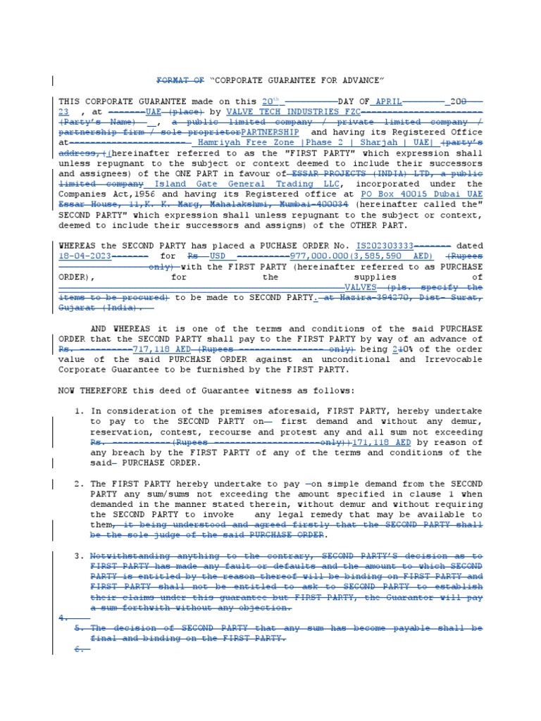 Corporate Guarantee Format for Advance | PDF | Law