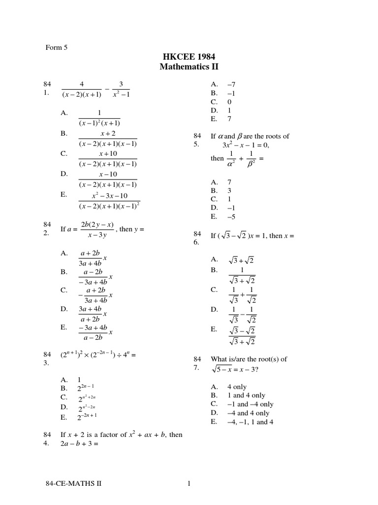 HKCEE 1984 Mathematics II: N N N N | PDF | Area | Geometry