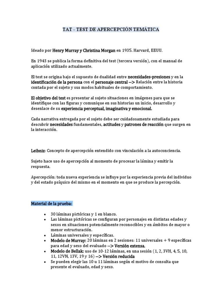 Apuntes / Test de Apercepción Temática (TAT) | PDF