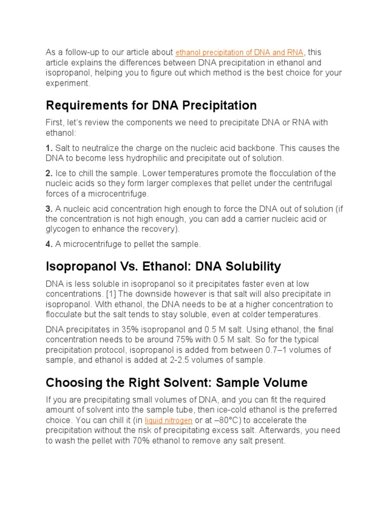 Ethanol vs. Isopropanol DNA Precipitation | PDF | Cooking, Food & Wine ...