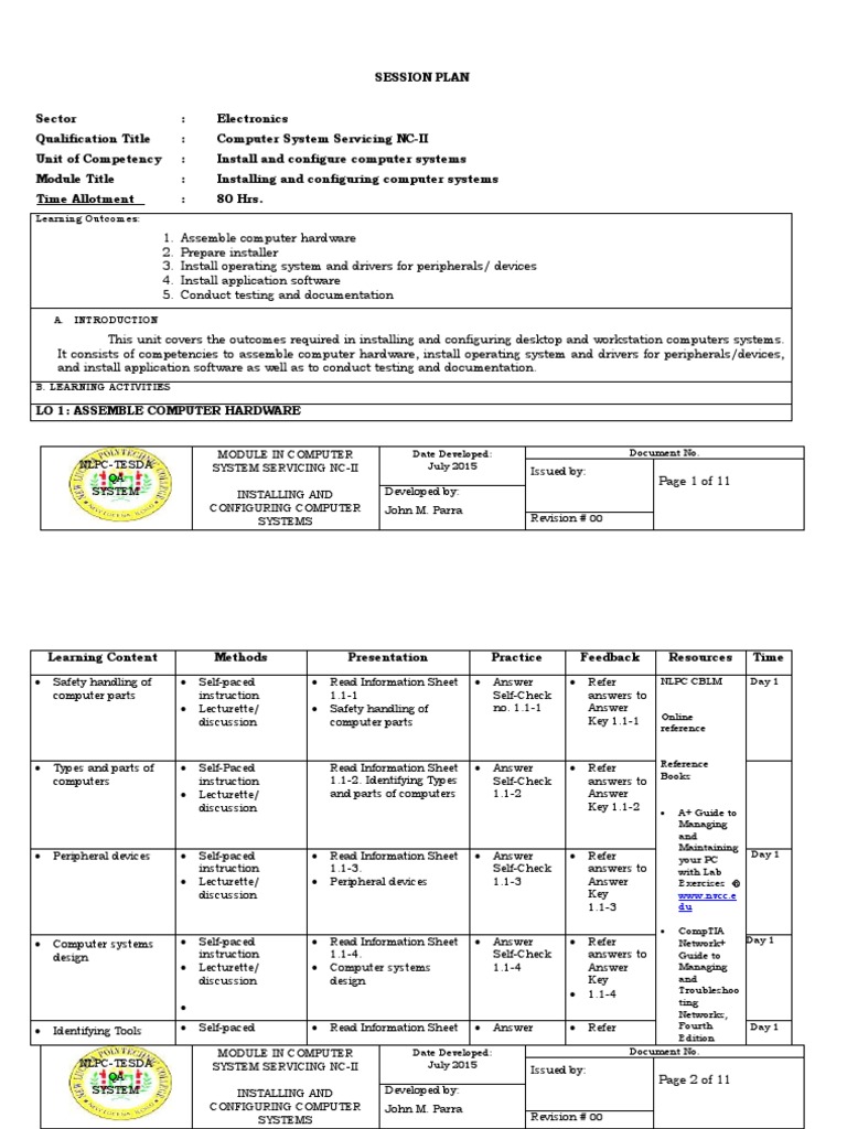 SESSION PLAN CSS NC - II UC1 - Install and Configure Computer Systems | PDF | Operating System ...