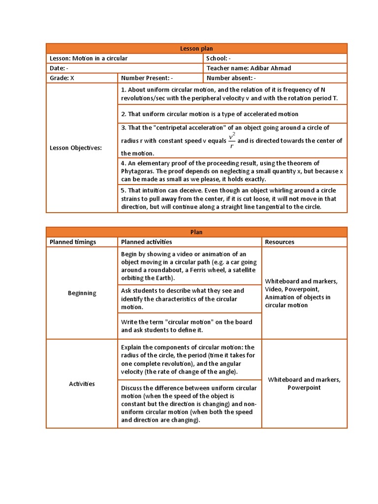 Lesson Plan Motion in A Circular | PDF | Acceleration | Physical Phenomena