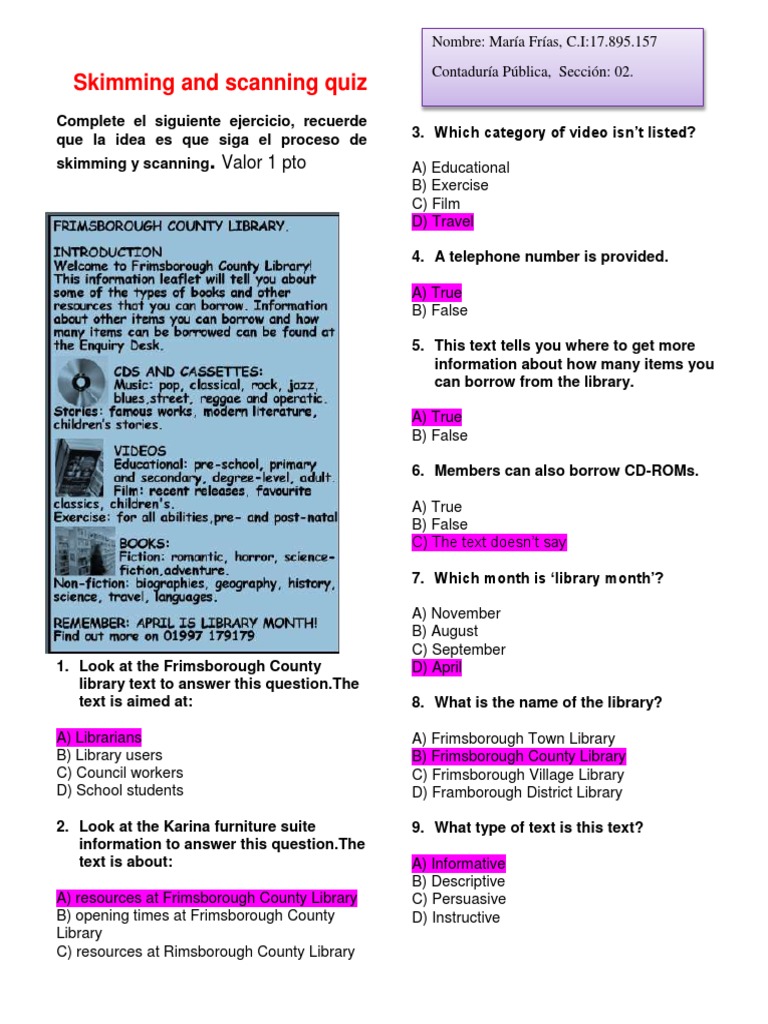 ACTIVIDAD #1 Skimming and Scanning Activity, . | PDF | Libraries ...