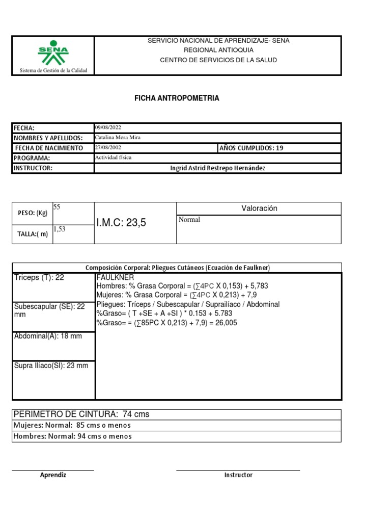 FORMATO FICHA ANTROPOMETRICA. | PDF