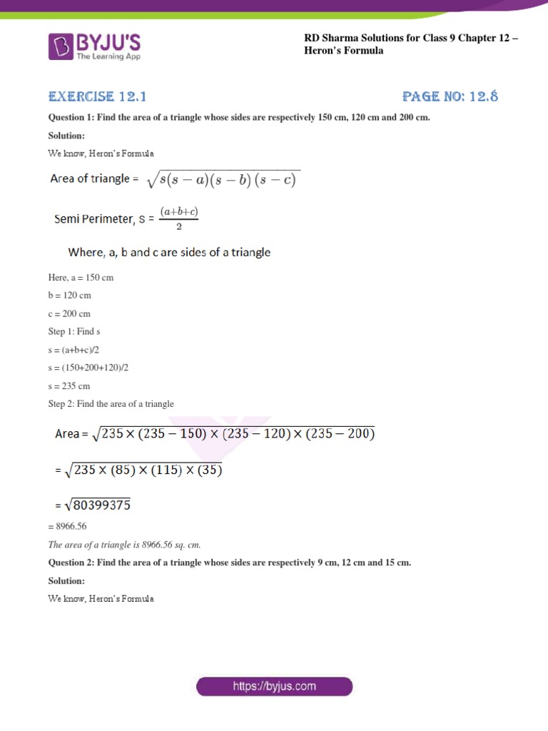 Class 9 Heron's Formula Solutions | PDF