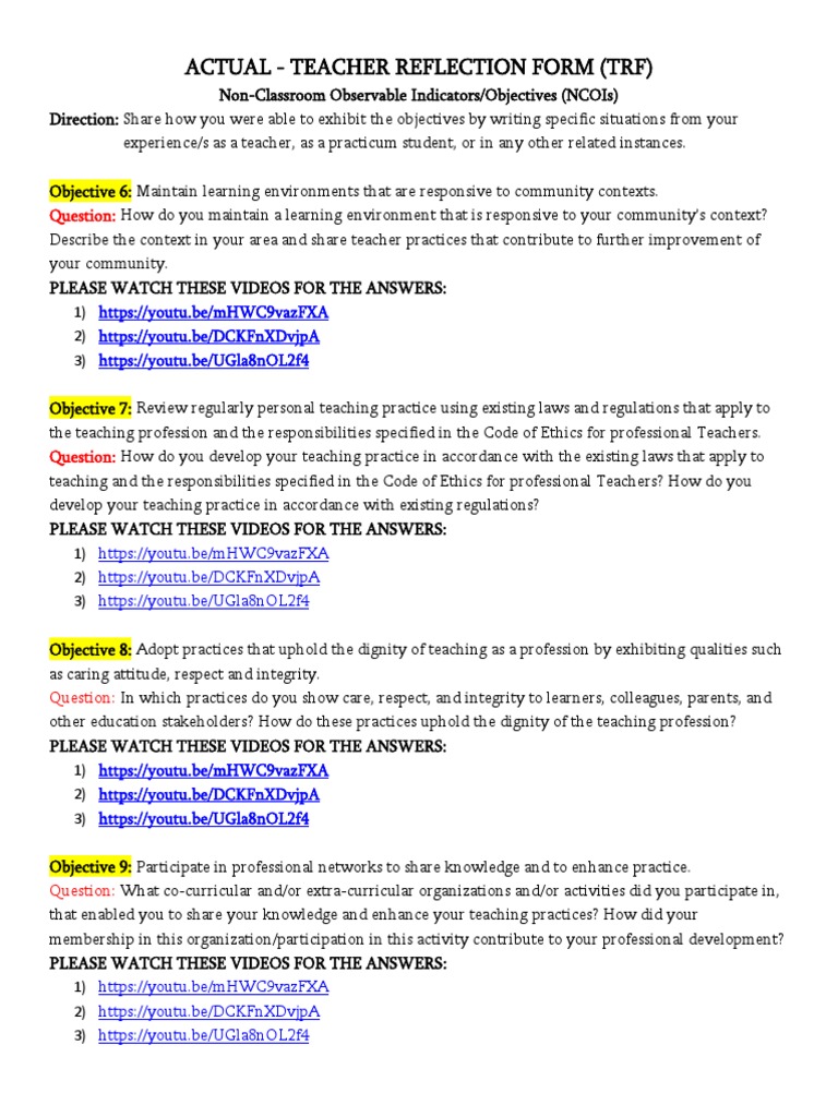 ACTUAL TRF OBJECTIVES 6 - 9 PPST NCOIs | PDF