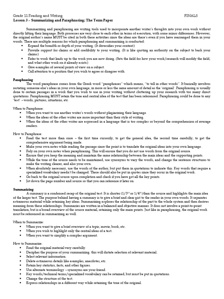 Lesson 3 NOTES Summarizing and Paraphrasing The Term Paper | PDF ...