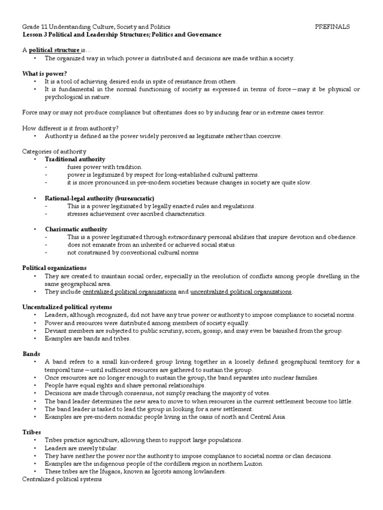 Lesson 3 NOTES Political and Leadership Structures Politics and ...