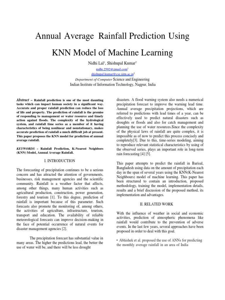 Annual Average Rainfall Prediction Using KNN Model of Machine Learning | Download Free PDF ...