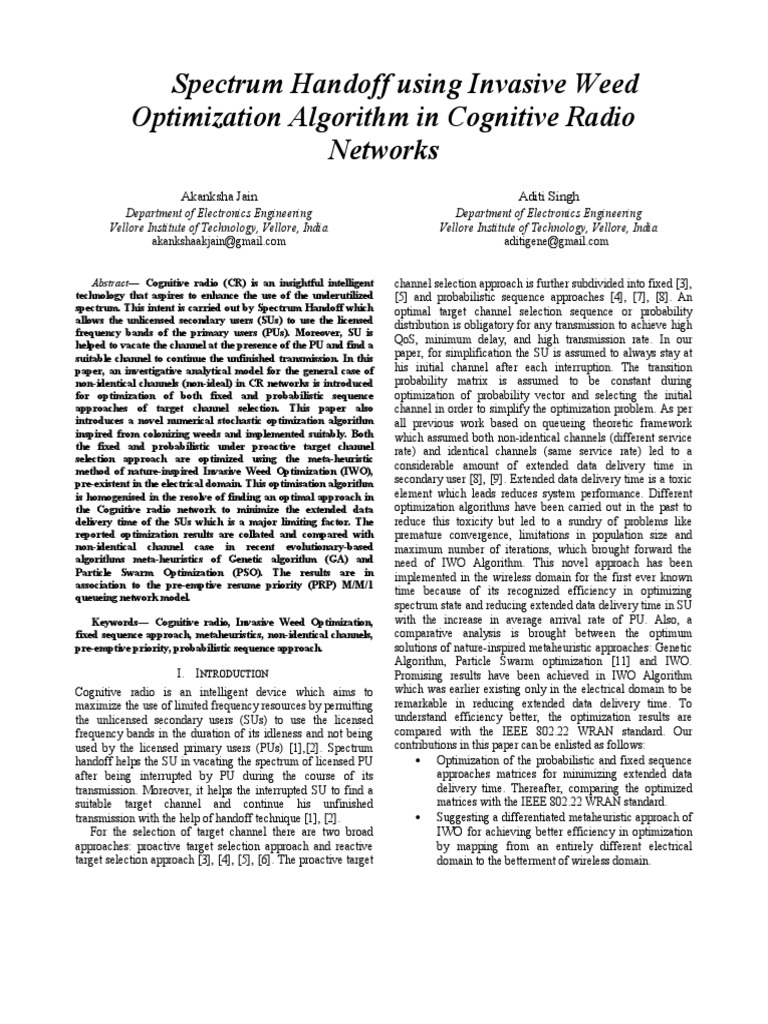Spectrum Handoff Using Invasive Weed Optimization Algorithm in Cognitive Radio Networks | PDF ...