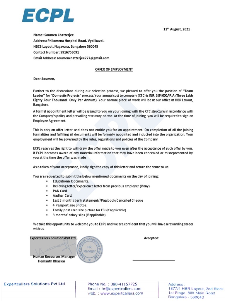 ECPL Offer Letter | PDF
