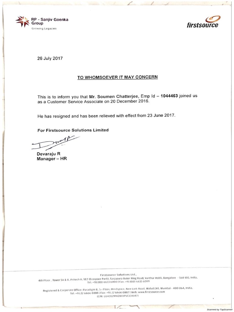 First Source Relieving Letter | PDF