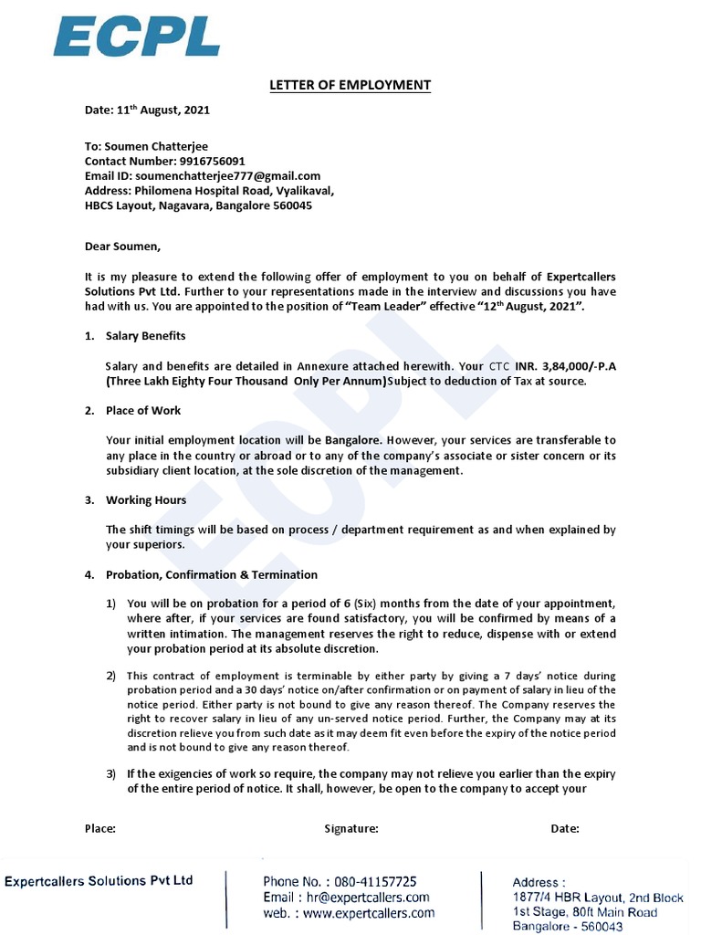 Soumen Chatterjee Appointment Letter | PDF | Trade Secret | Employment