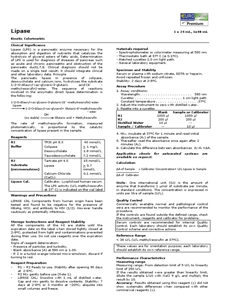 Lipase Spinreact 1x24 ML, 1X48 ML | PDF | Hydrolysis | Mole (Unit)