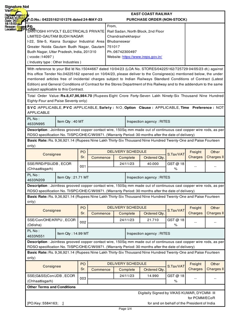 Purchase Order for Copper Contact Wire | PDF