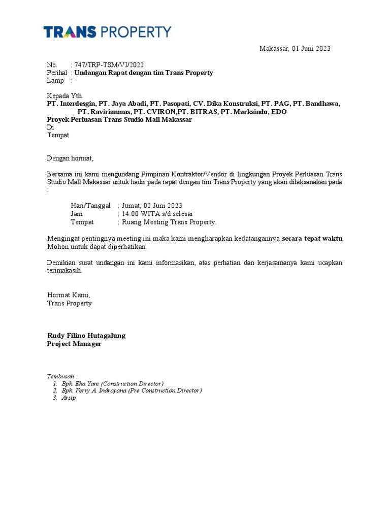 747. Surat Undangan Meeting All Vendor | PDF