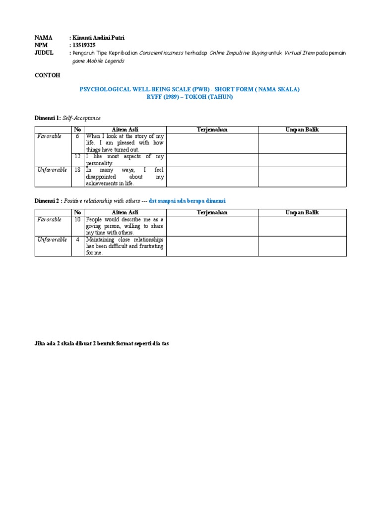Contoh Tabel Blue Print - Skala - Skripsi | PDF