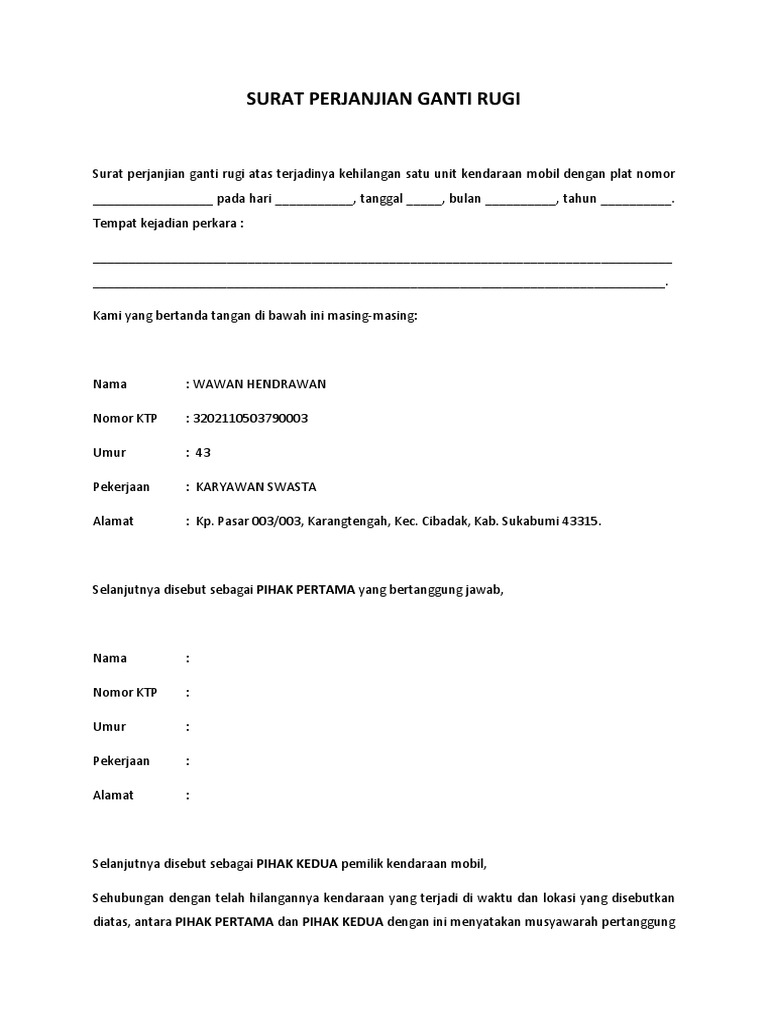 Surat Perjanjian Ganti Rugi | PDF