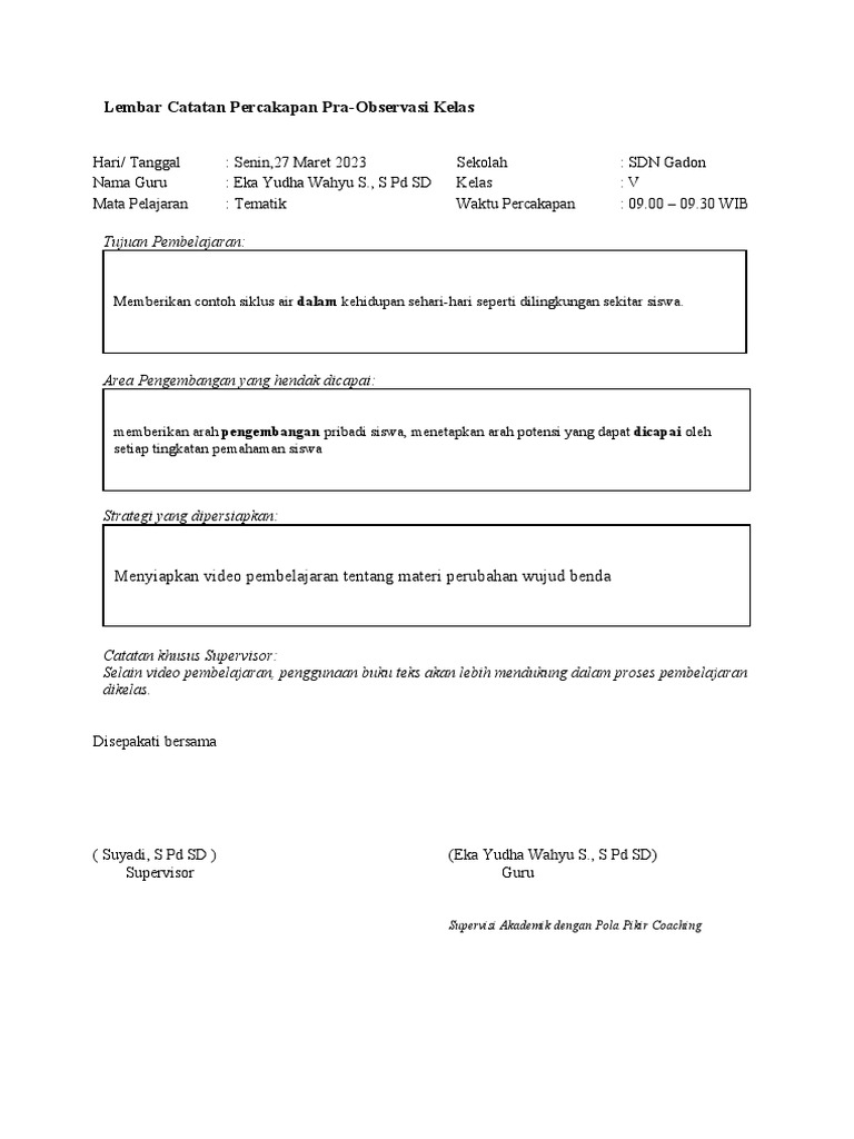 1 - Lembar Catatan Percakapan Pra-Observasi Kelas - Suyadi | PDF