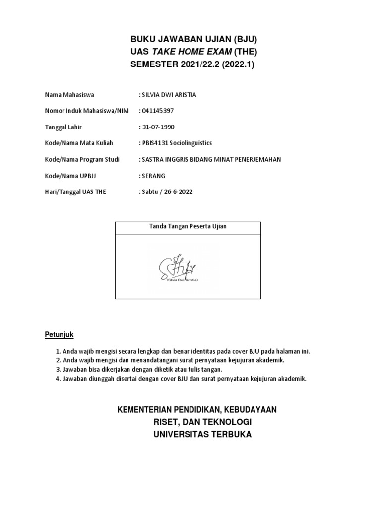 UAS Take Home Exam Signature Form | PDF