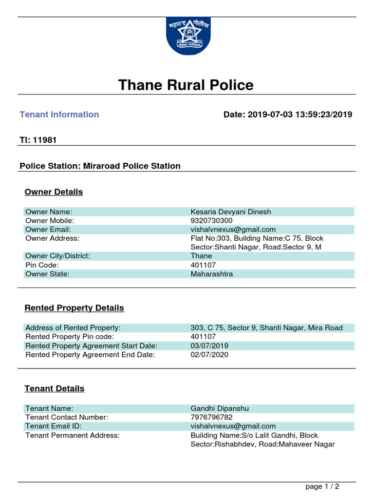 Thane Rural Police: Tenant Information | PDF