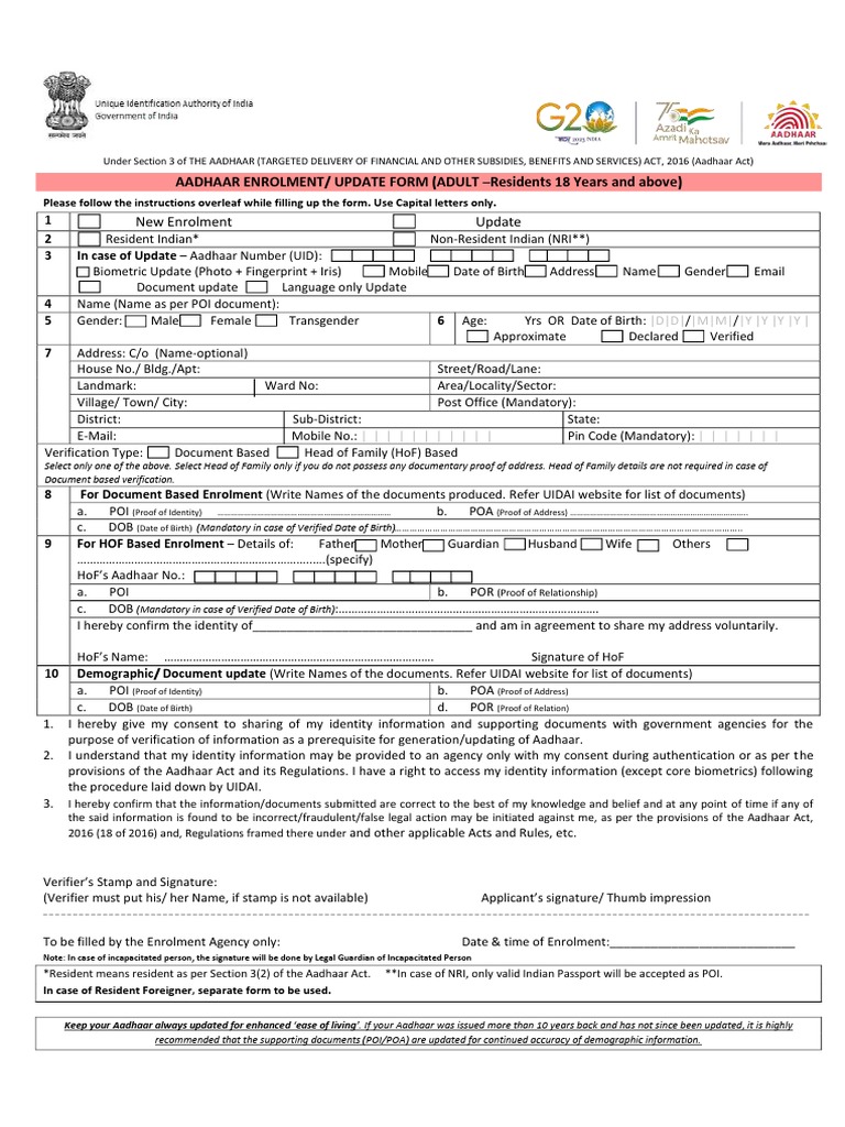 Adhaar Form Download Free Pdf Government And Personhood